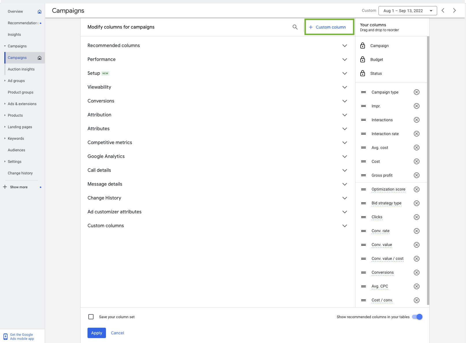How to set up Custom columns in Google Ads