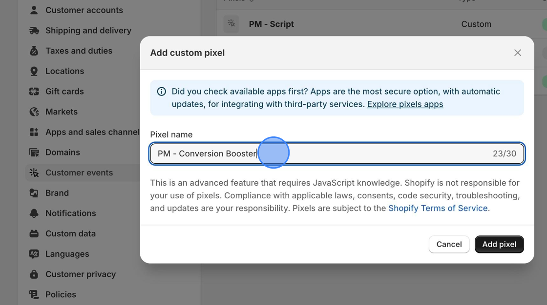 How to install Shopify custom pixel for Conversion Booster and GA4